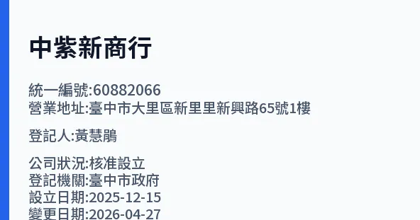 中紫新商行的照片-統編 60882066(臺中市) 公司登記資料與營業項目詳細圖表