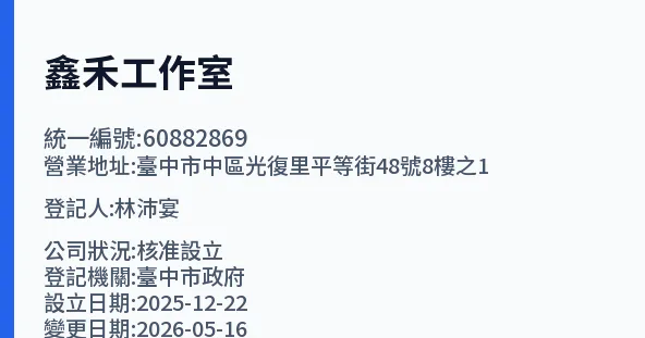 鑫禾工作室的照片-統編 60882869(臺中市) 公司登記資料與營業項目詳細圖表