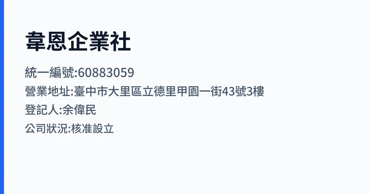 韋恩企業社 - 統編 60883059（臺中市） 公司登記資料與營業項目詳細圖表