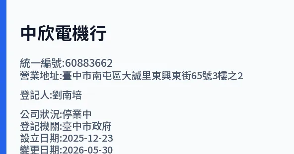 中欣電機行的照片-統編 60883662(臺中市) 公司登記資料與營業項目詳細圖表