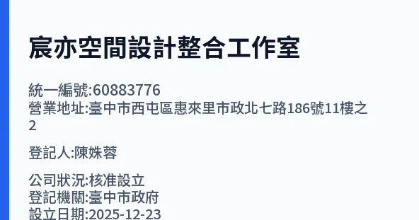 宸亦空間設計整合工作室的照片-統編 60883776(臺中市) 公司登記資料與營業項目詳細圖表