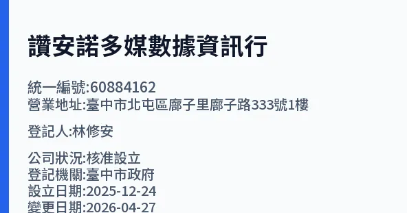 讚安諾多媒數據資訊行的照片-統編 60884162(臺中市) 公司登記資料與營業項目詳細圖表