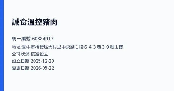 誠食溫控豬肉的照片-統編 60884917(臺中市) 公司登記資料與營業項目詳細圖表