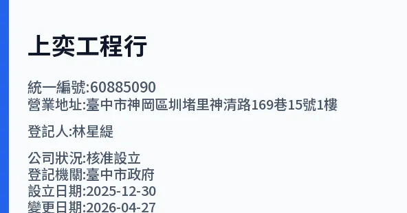上奕工程行的照片-統編 60885090(臺中市) 公司登記資料與營業項目詳細圖表
