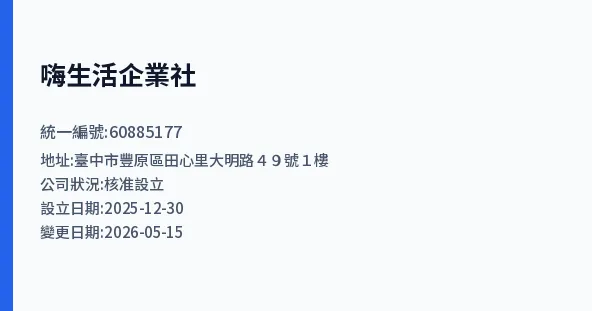 嗨生活企業社的照片-統編 60885177(臺中市) 公司登記資料與營業項目詳細圖表
