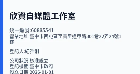 欣資自媒體工作室的照片-統編 60885541(臺中市) 公司登記資料與營業項目詳細圖表