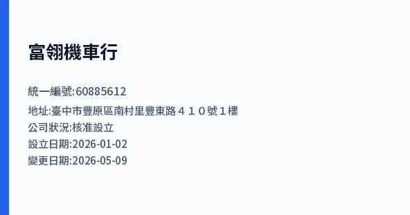 富翎機車行的照片-統編 60885612(臺中市) 公司登記資料與營業項目詳細圖表