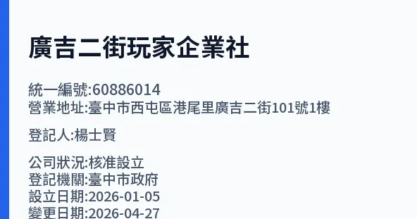 廣吉二街玩家企業社的照片-統編 60886014(臺中市) 公司登記資料與營業項目詳細圖表