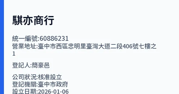 騏亦商行的照片-統編 60886231(臺中市) 公司登記資料與營業項目詳細圖表
