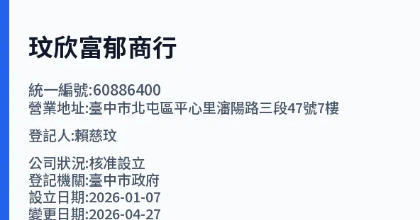 玟欣富郁商行的照片-統編 60886400(臺中市) 公司登記資料與營業項目詳細圖表