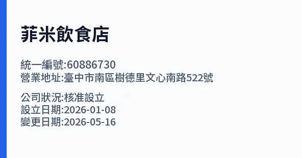 菲米飲食店的照片-統編 60886730(臺中市) 公司登記資料與營業項目詳細圖表