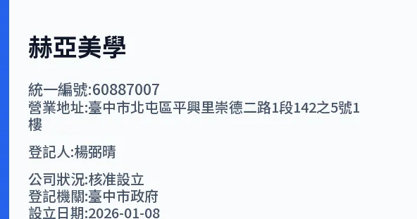 赫亞美學的照片-統編 60887007(臺中市) 公司登記資料與營業項目詳細圖表