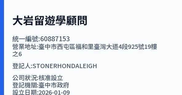 大岩留遊學顧問的照片-統編 60887153(臺中市) 公司登記資料與營業項目詳細圖表