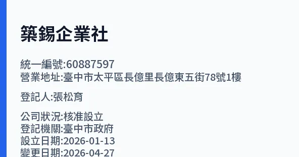 築錫企業社的照片-統編 60887597(臺中市) 公司登記資料與營業項目詳細圖表