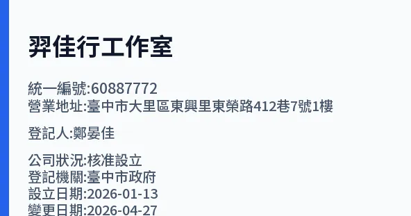 羿佳行工作室的照片-統編 60887772(臺中市) 公司登記資料與營業項目詳細圖表