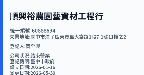 順興裕農園藝資材工程行的照片-統編 60888694(臺中市) 公司登記資料與營業項目詳細圖表