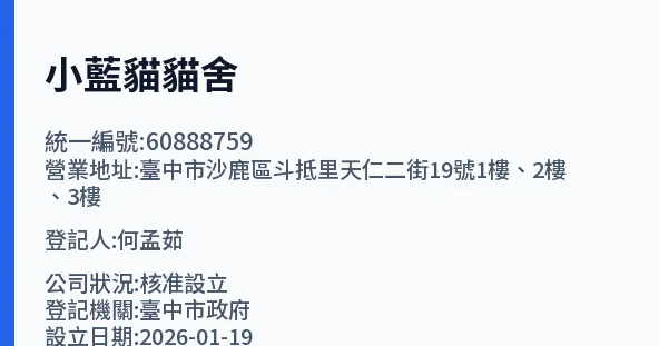 小藍貓貓舍的照片-統編 60888759(臺中市) 公司登記資料與營業項目詳細圖表