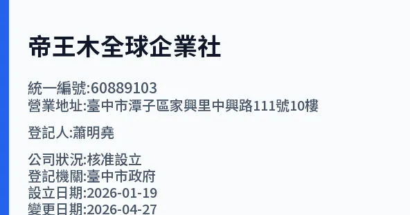 帝王木全球企業社的照片-統編 60889103(臺中市) 公司登記資料與營業項目詳細圖表
