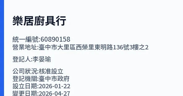 樂居廚具行的照片-統編 60890158(臺中市) 公司登記資料與營業項目詳細圖表