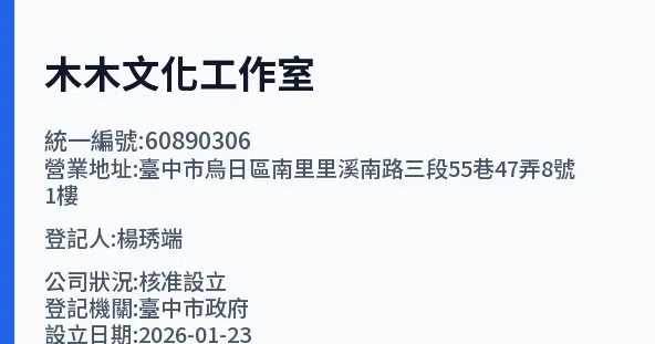 木木文化工作室的照片-統編 60890306(臺中市) 公司登記資料與營業項目詳細圖表