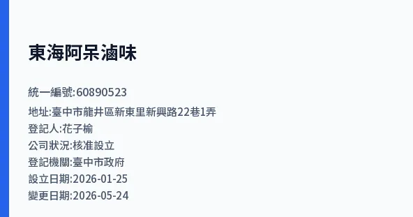 東海阿呆滷味的照片-統編 60890523(臺中市) 公司登記資料與營業項目詳細圖表