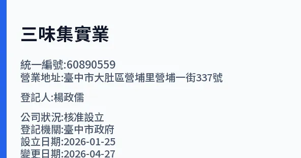 三味集實業的照片-統編 60890559(臺中市) 公司登記資料與營業項目詳細圖表