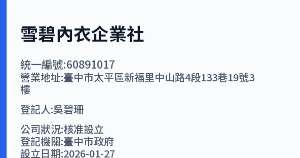 雪碧內衣企業社的照片-統編 60891017(臺中市) 公司登記資料與營業項目詳細圖表