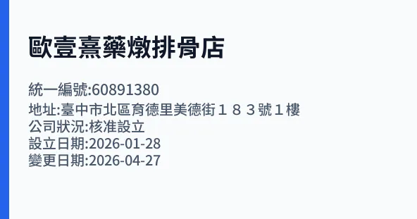 歐壹熹藥燉排骨店的照片-統編 60891380(臺中市) 公司登記資料與營業項目詳細圖表