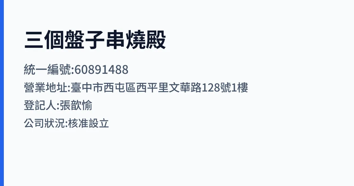 三個盤子串燒殿 - 統編 60891488(臺中市) 公司登記資料與營業項目詳細圖表