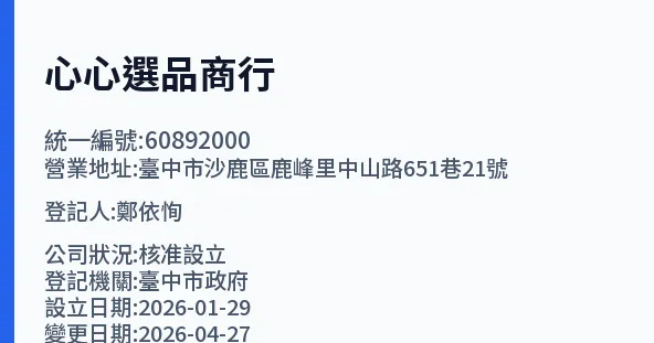 心心選品商行的照片-統編 60892000(臺中市) 公司登記資料與營業項目詳細圖表
