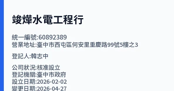 竣燁水電工程行的照片-統編 60892389(臺中市) 公司登記資料與營業項目詳細圖表