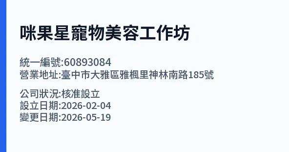 咪果星寵物美容工作坊的照片-統編 60893084(臺中市) 公司登記資料與營業項目詳細圖表