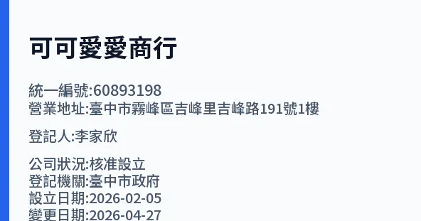 可可愛愛商行的照片-統編 60893198(臺中市) 公司登記資料與營業項目詳細圖表