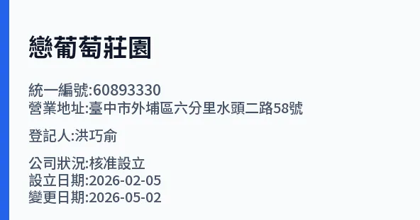 戀葡萄莊園的照片-統編 60893330(臺中市) 公司登記資料與營業項目詳細圖表
