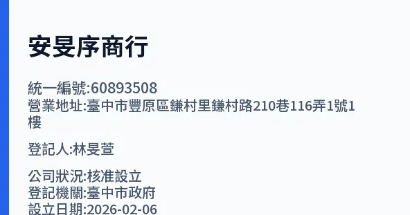 安旻序商行的照片-統編 60893508(臺中市) 公司登記資料與營業項目詳細圖表