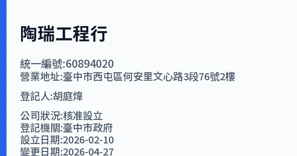 陶瑞工程行的照片-統編 60894020(臺中市) 公司登記資料與營業項目詳細圖表