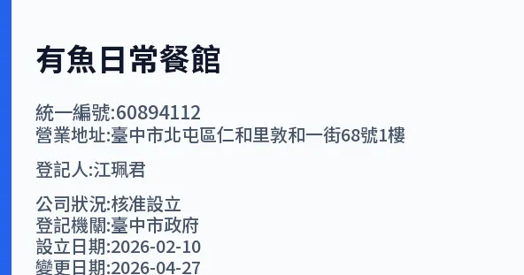 有魚日常餐館的照片-統編 60894112(臺中市) 公司登記資料與營業項目詳細圖表