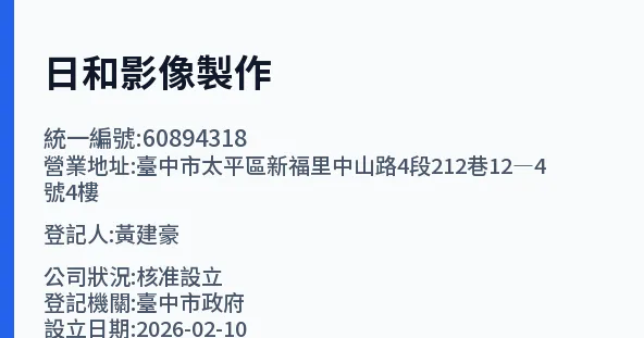 日和影像製作的照片-統編 60894318(臺中市) 公司登記資料與營業項目詳細圖表