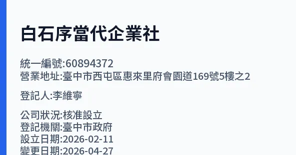白石序當代企業社的照片-統編 60894372(臺中市) 公司登記資料與營業項目詳細圖表