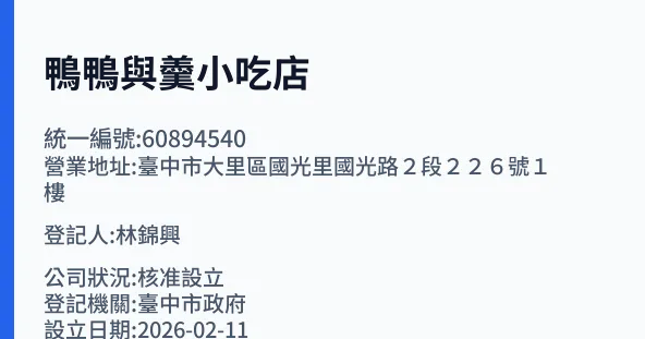 鴨鴨與羹小吃店的照片-統編 60894540(臺中市) 公司登記資料與營業項目詳細圖表