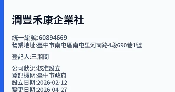 潤豐禾康企業社的照片-統編 60894669(臺中市) 公司登記資料與營業項目詳細圖表