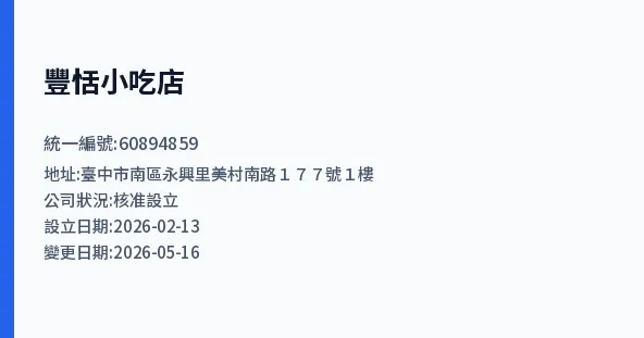 豐恬小吃店的照片-統編 60894859(臺中市) 公司登記資料與營業項目詳細圖表