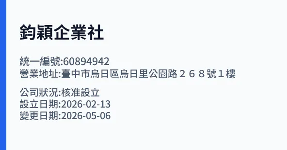 鈞穎企業社的照片-統編 60894942(臺中市) 公司登記資料與營業項目詳細圖表