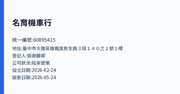 名育機車行的照片-統編 60895415(臺中市) 公司登記資料與營業項目詳細圖表