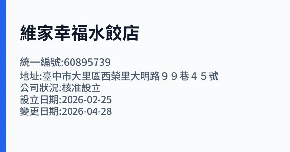維家幸福水餃店的照片-統編 60895739(臺中市) 公司登記資料與營業項目詳細圖表