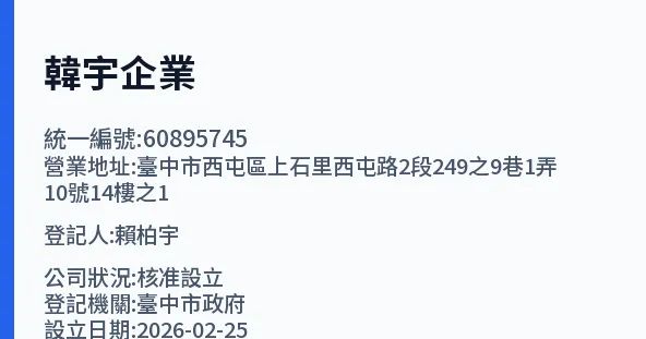 韓宇企業的照片-統編 60895745(臺中市) 公司登記資料與營業項目詳細圖表