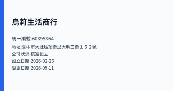 烏莉生活商行的照片-統編 60895864(臺中市) 公司登記資料與營業項目詳細圖表