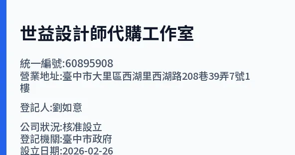 世益設計師代購工作室的照片-統編 60895908(臺中市) 公司登記資料與營業項目詳細圖表