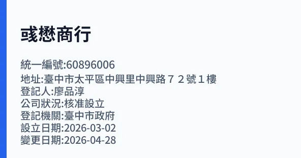 彧懋商行的照片-統編 60896006(臺中市) 公司登記資料與營業項目詳細圖表