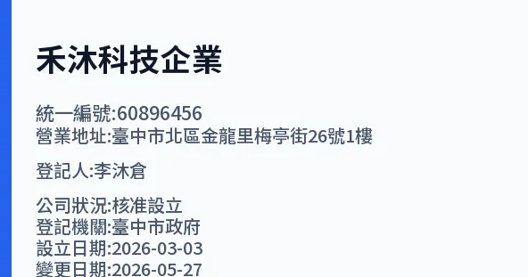 禾沐科技企業的照片-統編 60896456(臺中市) 公司登記資料與營業項目詳細圖表